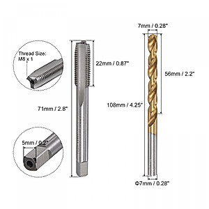 uxcell M8 x 1 Straight Flute Thread Tap and 7.0mm Twist Drill Bit Set, Metric Titanium Plated 6542 High Speed Steel Machine Screw Thread Tap Threading Drilling Tool