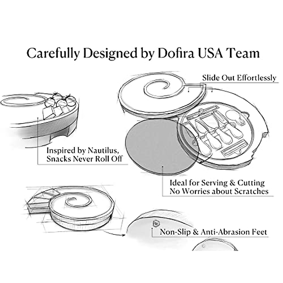 Dofira Nautilus Cheese Board and 4 Knife Set, Acacia Wood Large Round Charcuterie Board Kit with Slate Platter & Ceramic Bowls, Kitchen Gift Set for Housewarming, Bridal Shower, Wedding, Anniversary