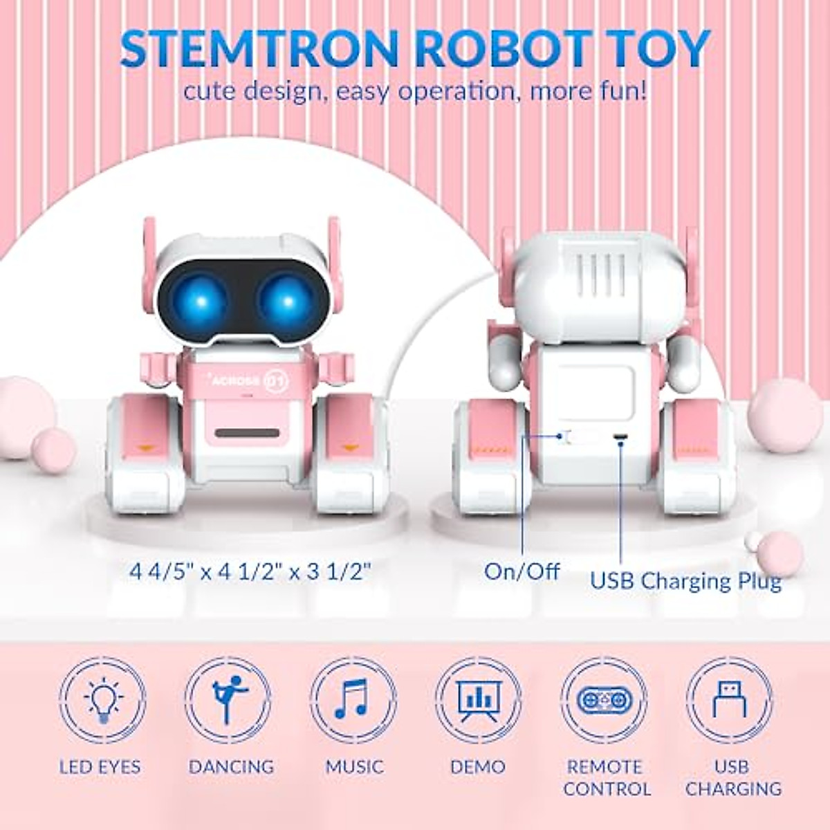 STEMTRON RC Robot Toys for Kids, Rechargeable Remote Control Robot Toy for Boys & Girls, with Auto Demo, Dance Moves, Music, Shining 7 Colors LED Eyes & Flexible Head, Ears & Arms