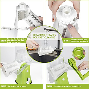 Masthome Rotary Cheese Grater, Kitchen Mandoline Vegetables Slicer with 5 Interchangeable Blades, Manual Cheese Grater Slicer for Cheese, Nuts, Fruit, Carrot, Cucumber-Green