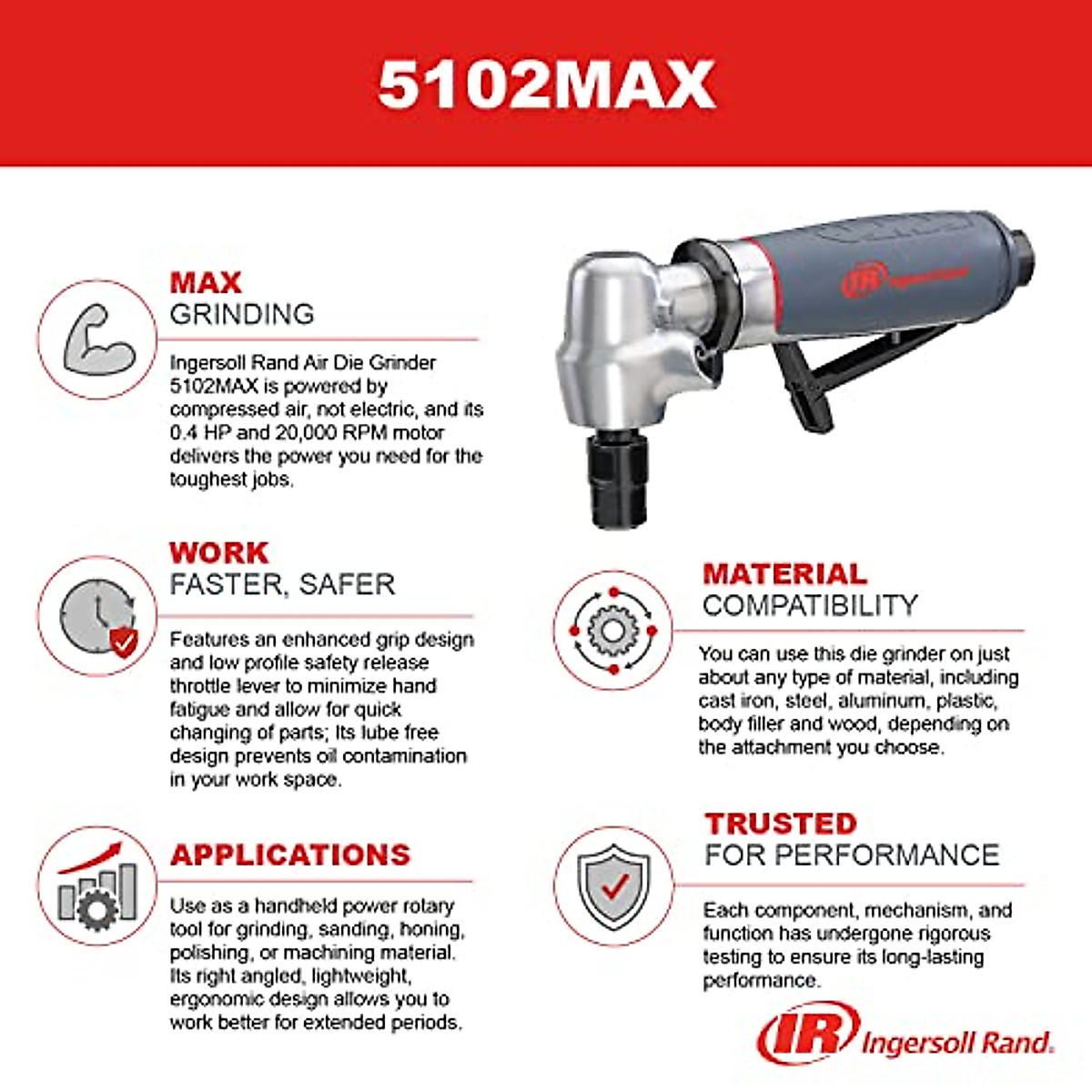Ingersoll Rand 5102MAX Air Die Grinder – Right Angle, Ergonomic Grip, 0.4 HP and 20,000 RPM Motor, Lightweight Tool, Spindle Lock, Grey