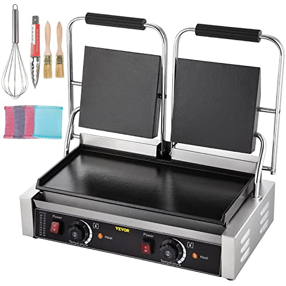 Happybuy Commercial Sandwich Panini Press Grill, 2X1800W Double Flat Plates Electric Stainless Steel Sandwich Maker, Temperature Control 122°F-572°F for Hamburgers Steaks Bacons