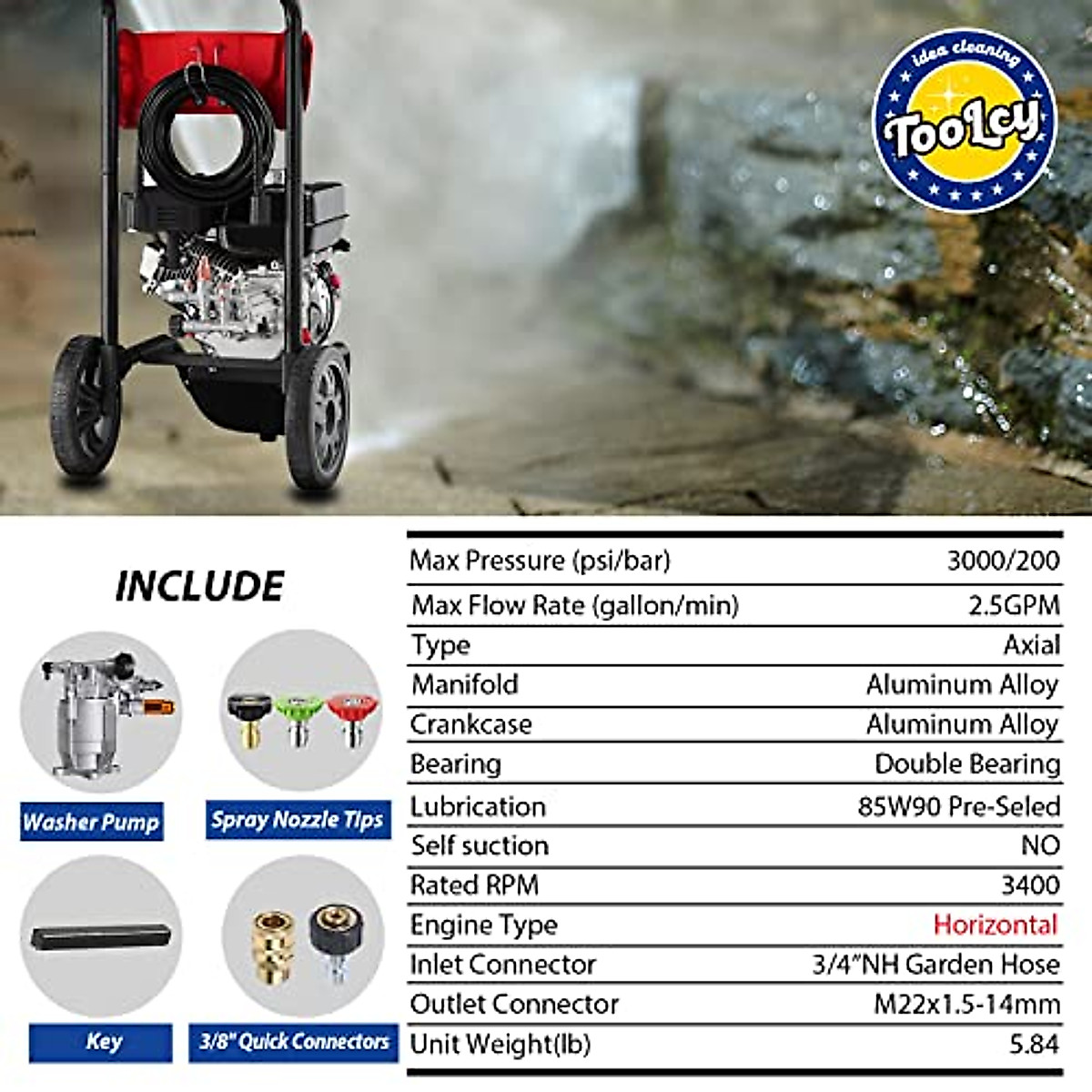 TOOLCY 3/4" Shaft Horizontal Pressure Washer Pump, 2500-3100PSI @ 2.5 GPM, Power Washer Pump for Gas Washer, Fit: K2400HH, GC190 GC160, MSH3125, 308418007 308653057, Honda, Generac, Craftsman,Karcher