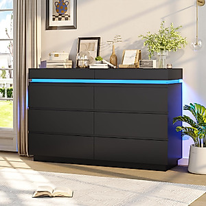 DICTAC Modern 6 Drawer Dresser with Sliding Desktop, Wide Chest of Drawers with Charging Station & LED Lights, Large Storage Tower Clothes Organizer, Black Dresser for Bedroom
