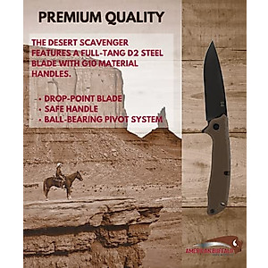 ABKT Desert Scavenger Elite Tactical Folding EDC Pocket Knife – 3.5 Inch Drop Point D2 Steel, Stone Washed Blade with Tan 4.5 Inch G10 Handle