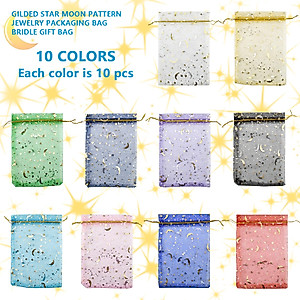 SHRJ 100pcs 10 Colors Organza Sheer Bags with Drawstring for Wedding, Valentine, Halloween, Christmas, Thanksgiving, Birthday Party Candy Gift Supplies, Moon Star, 5” x 7”