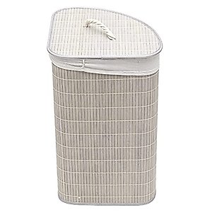 Home Basics Folding Corner Bamboo Hamper with Liner | Holds 2 Loads of Laundry | Top Handle | Removable, Washable Cotton Liner (Grey)