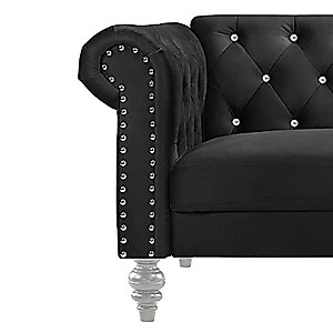 New Classic Furniture Glam Emma Velvet Three Seater Chesterfield Style Sofa for Small Spaces with Crystal Button Tufts, Black