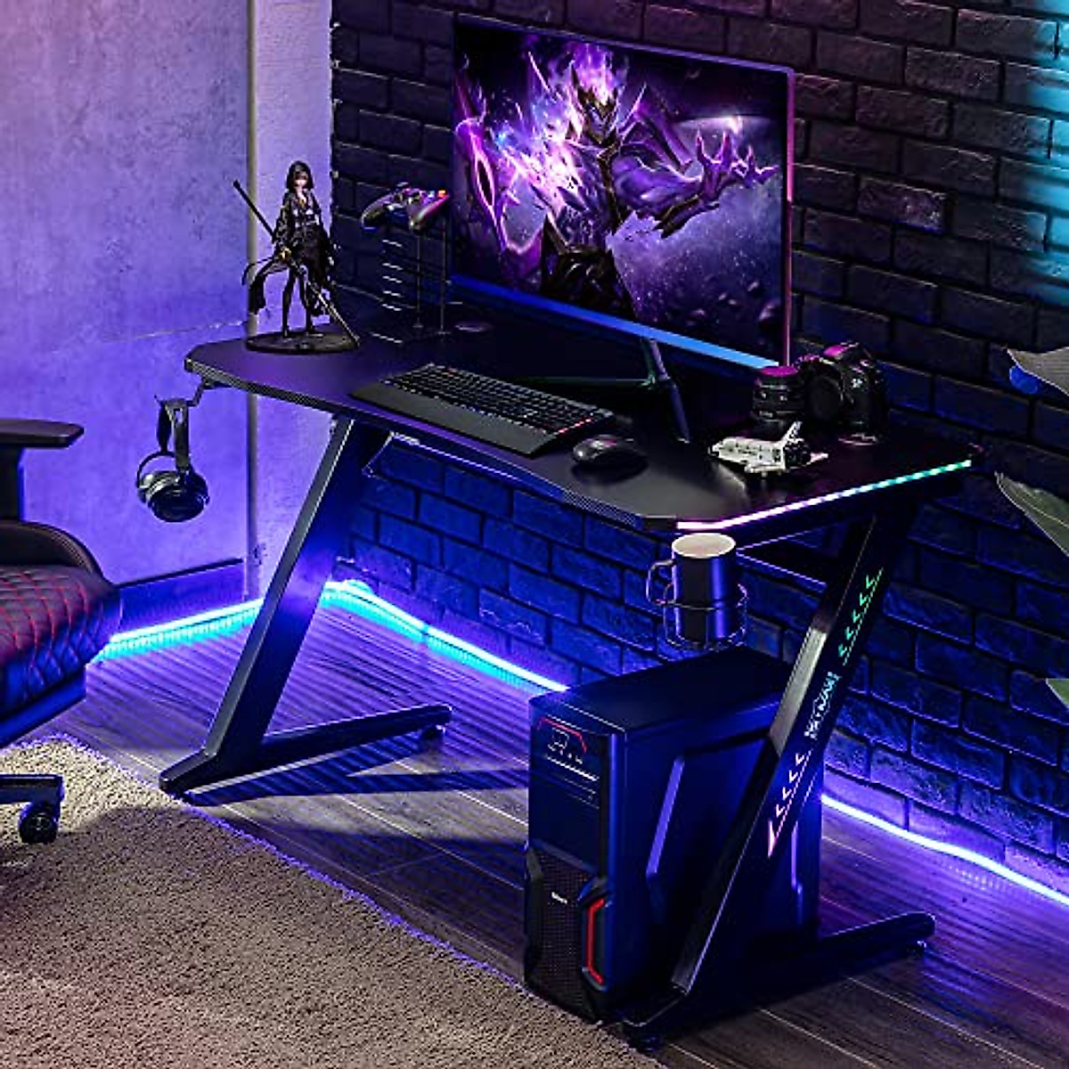 S*MAX Gaming Desk with LED Lights Real RGB Leg Led Gaming Desk Wireless Charging & USB Pad Carbon Fiber Finish Large Z Shaped Gaming Table 47 Inch Cup Holder Headphone Hook Home Gaming Desk Black
