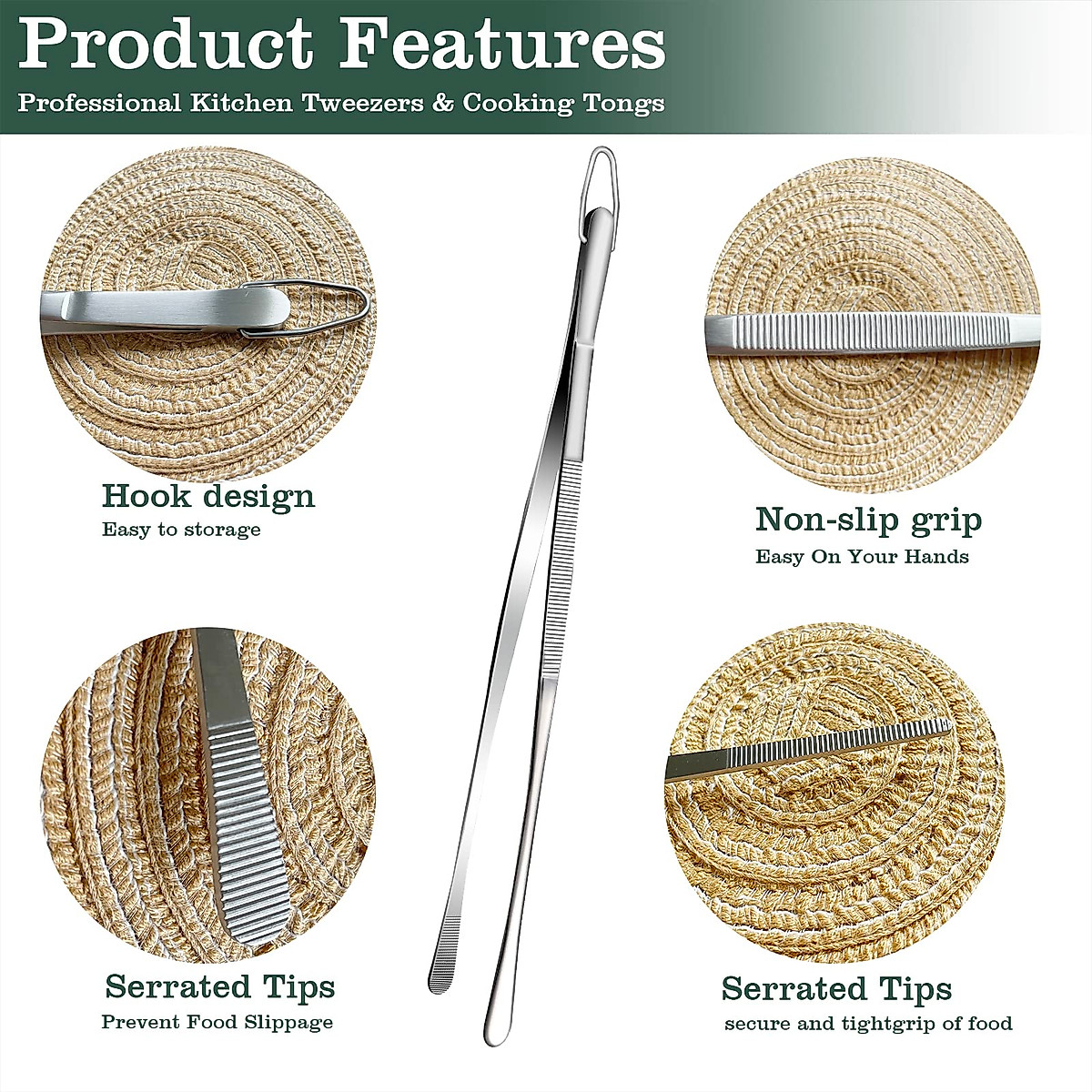 KTFNOMES 5 Pcs Kitchen Cooking Tweezers,12" & 6.3" Stainless Steel Kitchen tongs Set,Professional Food Tweezers for Cooking,Repairing,Seafood,BBQ,Multi-use