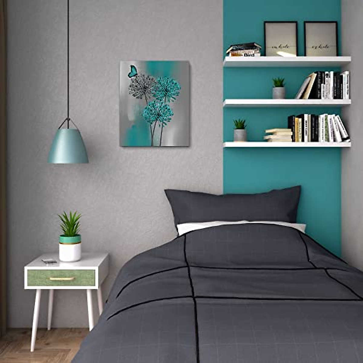 Kingsleyton Teal Gray Butterfly Pictures Wall Art Canvas Farmhouse Prints Photo Modern Flower Black and White Poster Paintings Home Decoration Giclee Artwork Wood Frame Ready to Hang 16"x20"