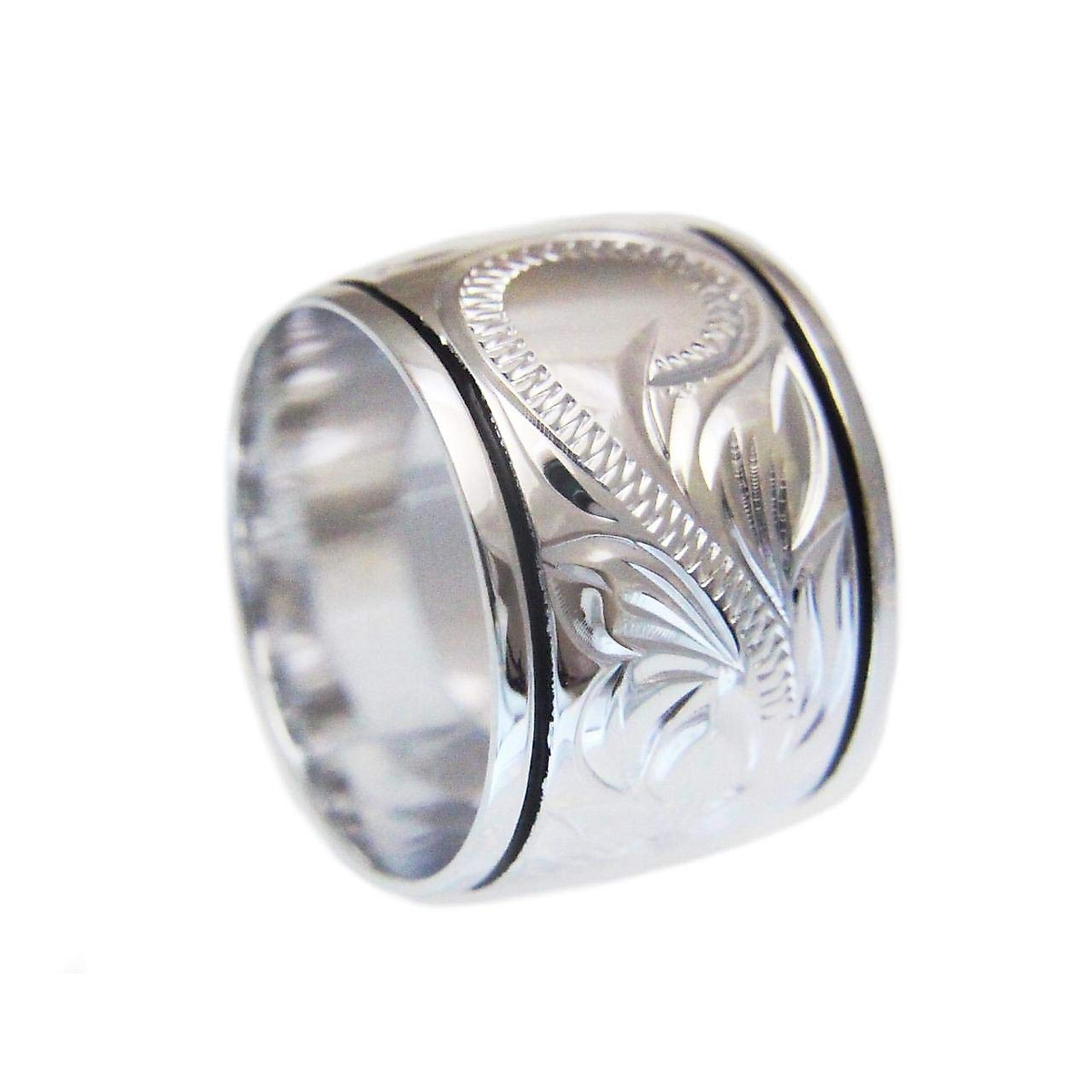 925 sterling silver Hawaiian plumeria scroll black enamel border 15mm ring size 13
