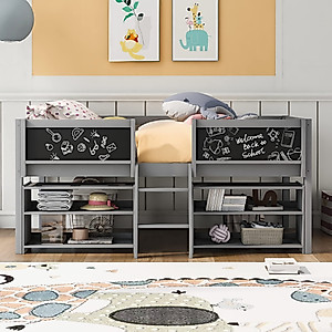 Harper & Bright Designs Kids Low Loft Bed with 2 Movable Storage Shelves, Twin Loft Bed Frame with Chalkboard and Ladder, Multifunctional Loft Bed for Kids Boys&Girls No Box Spring Needed (Gray)