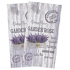 MUSEDAY Kitchen Towels Dishcloths Set of 2, Purple Lavender Flower Pot Vintage Postcard Wood Texture Absorbent Dish Towels Dish Cloths for Drying Kitchen Hand Towels Decorative Tea Towels