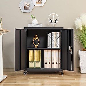 LUCYPAL Metal Storage Cabinet with Wheels,Lockable Steel Storage Cabinet with Doors, Mobile Metal Storage Cabinet with Adjustable Shelf, Metal Filing Cabinet for Home Office,Garage,Black