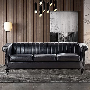 KUVENQIW Black Couches for Living Room Faux Leather Sofa Classic Large 3 Seater Couch Mid Century Modern Couch Deep Stripe Tufted Sofa for Bedroom, Office, Apartment.(Black)