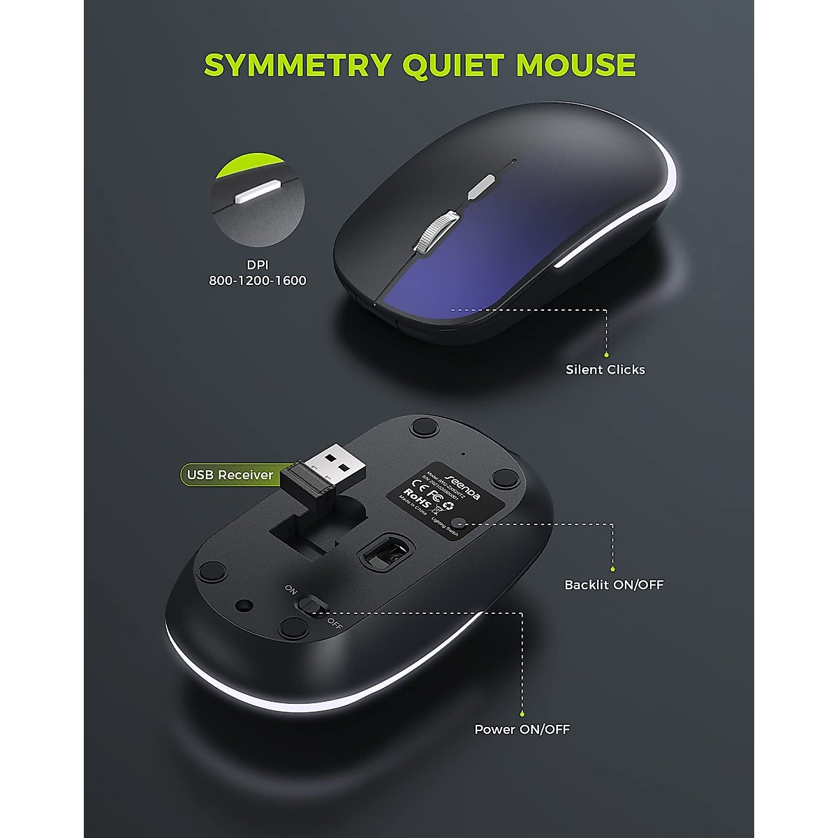 seenda Wireless Backlit Keyboard and Mouse Combo, 2.4G USB Silent Keyboard and Mouse Rechargeable Full-Size Ultra Slim Keyboard & Mouse Set for Windows PC Computer, Laptop, Desktop