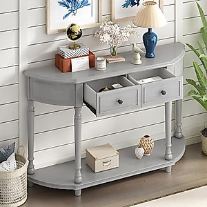 Tidyard Retro Circular Curved Design Console Table with Open Style Shelf Solid Wooden Frame and Legs Two Top Drawers Gray Sofa and Couch End Table for Entryway, Foyer, Living Room, Bedroom Furniture
