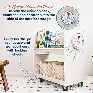 ECR4Kids Mobile Book Cart with Countdown Timer, Classroom Bookshelf, 29.3"D x 15.75"W x 34.25"H, White Wash