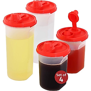 SignoraWare Easy Pour Oil and Vinegar Bottle Set - 4 Pack Olive Oil Dispenser Bottles Liquid, Dressings Plastic Containers Airtight Leakproof and Lids Non Drip Spout Wide mouth Easy Fill set of 2-15 & 2-21 oz