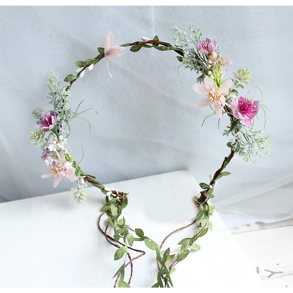 LLinfflr Vine Flower Crown Boho Flower Headband Hair Wreath Floral Halo Headpiece with Ribbon Wedding Party Photos Rosy
