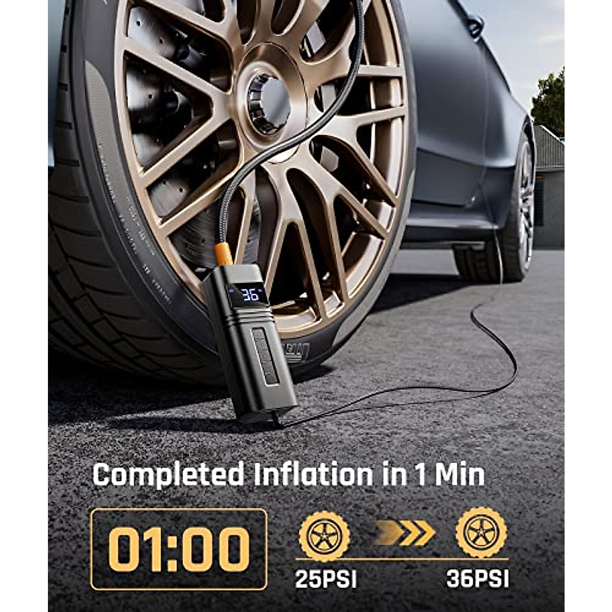 Tire Inflator Portable Air Compressor 38L/min Super Fast Inflate RYSEAB 12V DC Air [pump] for [Car] Tires[Powerful & Small][Car] Tire Pump LED Light for Ball Moto Bike