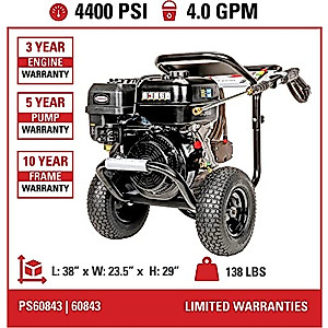 SIMPSON Cleaning PS60843 PowerShot 4400 PSI Gas Pressure Washer, 4.0 GPM, CRX 420cc Engine, Includes Spray Gun and Extension Wand, 5 QC Nozzle Tips, 3/8-inch x 50-foot Monster Hose