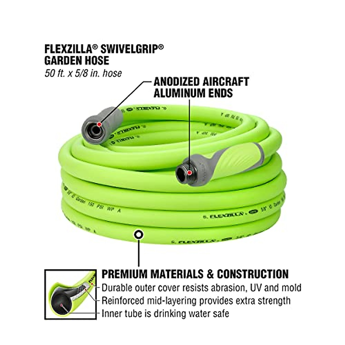 Flexzilla Garden Hose with SwivelGrip, 5/8 in. x 50 ft., Heavy Duty, Lightweight, Drinking Water Safe, ZillaGreen - HFZG550YWS-E