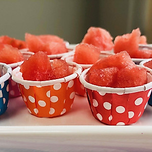 Outside the Box Papers Mini Paper Taster Cups - Sample .5 Ounce Souffle Cups - Red Orange Yellow Green Polka Dot - 250 Pack