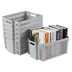 Vadidiya Stacking Plastic Storage Basket, 6-Pack Plastic Organizer Bins, Gray