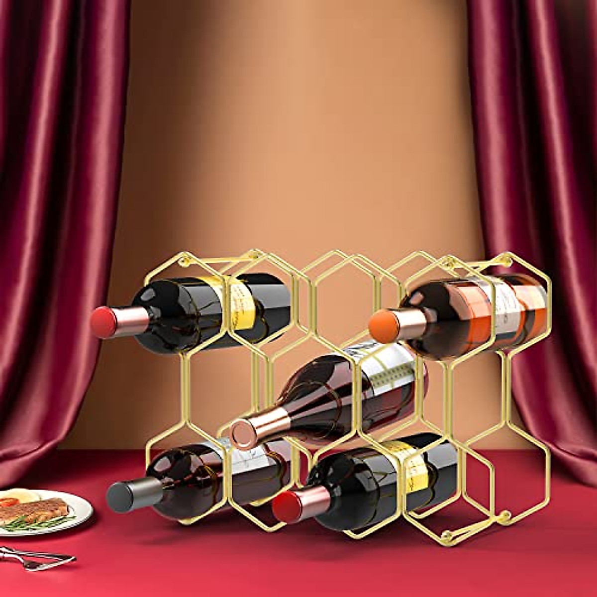 Buruis Countertop Wine Rack - 14 Bottle Wine Holder for Red White Wine Storage - Freestanding Metal Wine Rack - Small Tabletop Wine Rack - 3 Tier Modern Wine Bottle Holder (Gold)