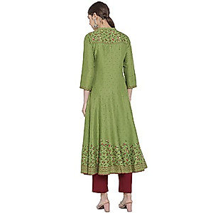 Yash Gallery Women's Rayon Floral Print Anarkali Kurta (Green)