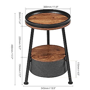 LEMONDA 3 Legs Round End Table, 2 Tier Round Side Table with Storage Basket,11.8*17.8inches Round Metal Sofa Side Table,Small Round Nightstand,Small Coffee Table for Living Room Bedroom/Rustic Brown