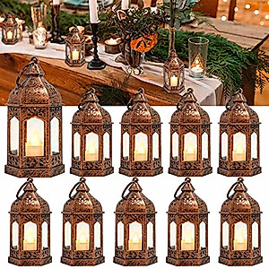 SHYMERY Mini Lantern with Flickering LED Candles,Battery Included,Decorative Hanging Lantern,Christmas Decorative Lantern,Indoor Candle Lantern,Battery Lantern Indoor Use(Set of 8 Copper Brushed)