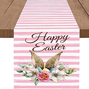 Sping Table Runner 13x72 Inches, Easter Floral Table Runner with Pink Stripe for Easter Spring Holiday Dining Table Party Decorations Events