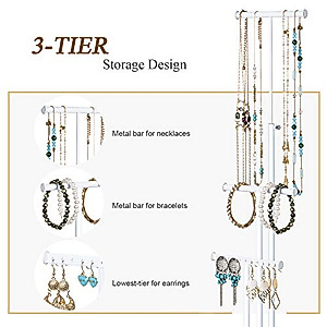 Love-KANKEI Jewelry Tree Stand White Metal and Wood Base Large Storage Jewelry Organizer for Necklaces Bracelets Earrings Holder Jewelry Display White and Carbonized Black