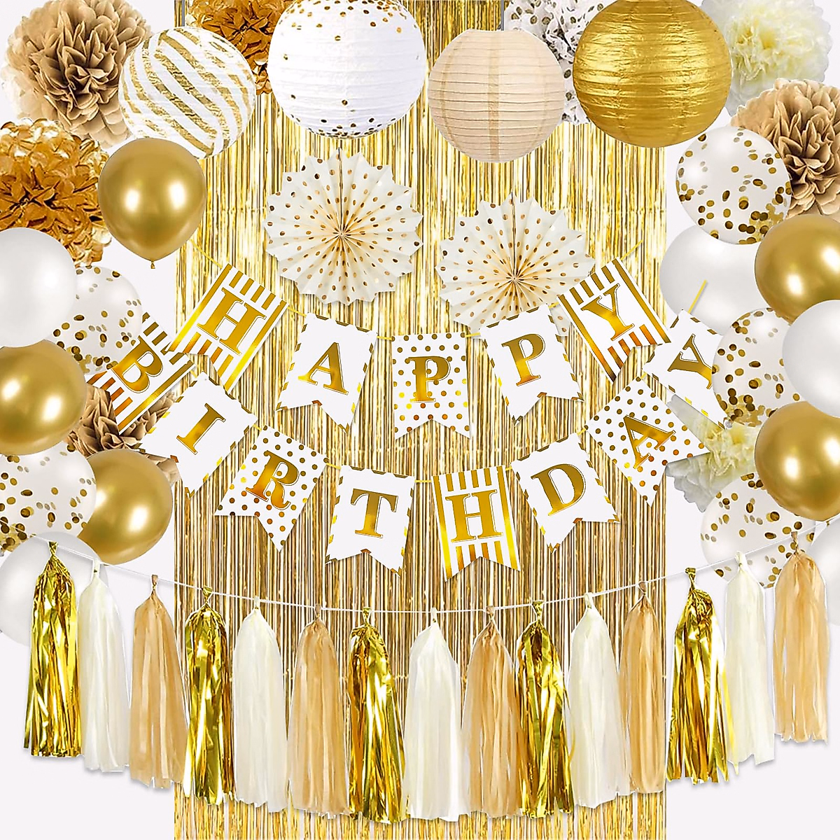 Gold Birthday Decorations Happy Birthday Party Decorations Set with Gold Birthday Banner, Gold White Yellow Balloons Paper Pom Poms, Gold Tassel Garland for Women Grils Kids Birthday Party Supplies