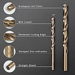 COMOWARE Cobalt Drill Bit Set, 115Pcs M35 High Speed Steel Twist Jobber Length for Hardened Metal, Stainless Steel, Cast Iron and Wood Plastic, 1/16"-1/2", with Metal Indexed Storage Case