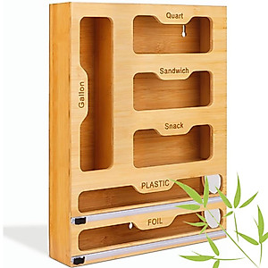 Bamboo Ziplock Bag Organizer - Foil and Plastic Wrap organizer with cutter - Holds up to 12” rolls - Baggie Organizer for Gallon, Quart, Sandwich, Snack Bags - Kitchen Organization - Drawer organizer