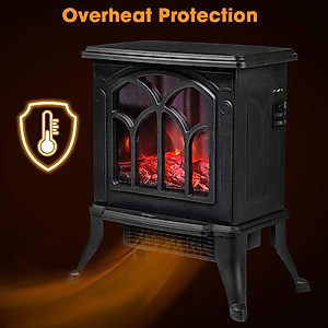 Electric Fireplace Heater, Space Heater for Indoor Use, Portable Fireplace Heater with Realistic Flame Effect, Retro Style Small Room Heater, Overheat Protection, (Black, 17INCH)