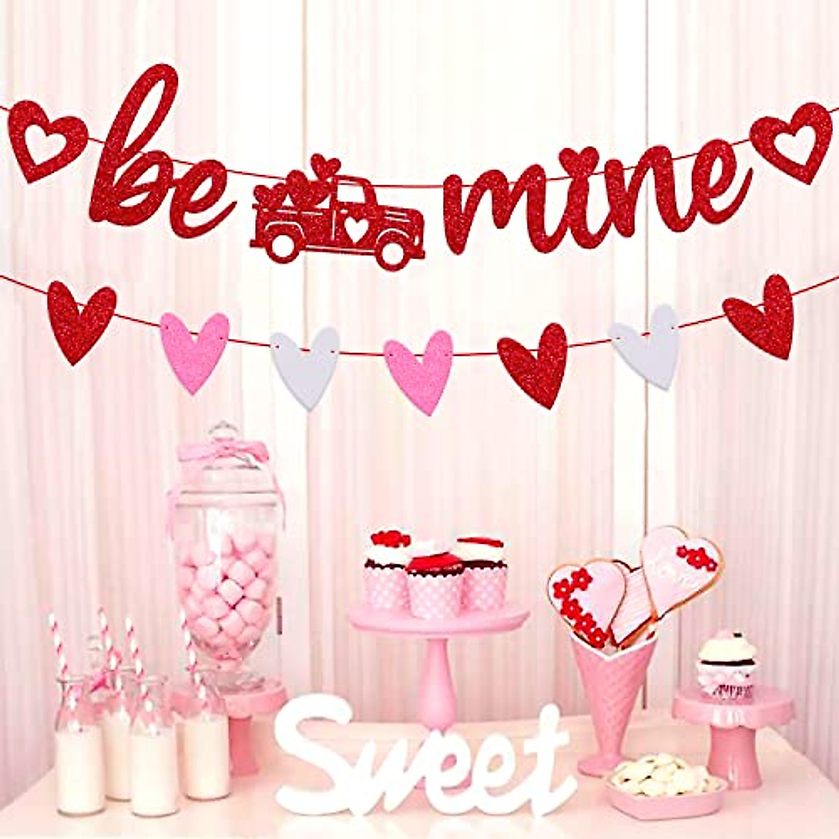 Happy Valentine’s Day Be Mine Banner Valentine Decoration Wedding Engagement Bridal Shower Romantic Theme Party Supplies I Love You XOXO Glitter Pink Red Decoration