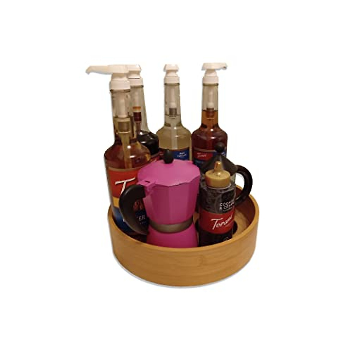 Coffee Syrup Rack- Rotating Syrup Bottle Holder- 9 Bottles Capacity Syrup Organizer-12 inches Lazy Susan for Bottle of Alcohol Oil Sauce- Spinning Tray for Cabinet Kitchen Restaurants Coffee Shops