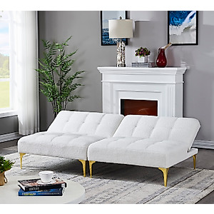 TZXTW Convertible Sofa Bed,Modern Couch Sleeper with Gold Metal Legs and Two Throw Pillows,Double Folding Futon Sofa,Loveseat,Small Couches for Small Spaces,Living Room,Bedroom,Apartment,Office,White