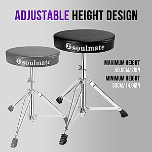 soulmate Drum Throne Drum Stool Padded Drum Seat Height Adjustabl Drumming Stools with Drumsticks, Anti-Slip Feet Portable Folding Drum Chair for Kids Adults, Black
