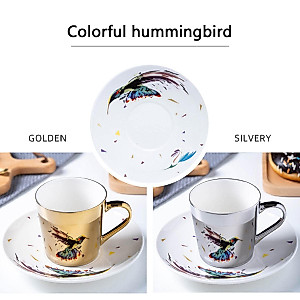 ACGrade Mirror Cup,Mirror Reflection Coffee Mug,Mirror Coffee Cup,Specular Reflection Flower, Ceramic Mug and Saucers Set,with Spoon 250ML, Silver Bird, 17*8CM