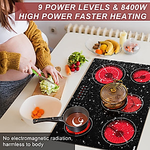 Karinear Electric Cooktop 30 Inch, Built-in Electric Stove Top 5 Burners Ceramic Cooktop with Marble Pattern, 8400W, 220-240V Hard Wire No Outlet Plug, Glass Cooktop