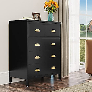 YITAHOME 5 Drawer Dresser, Metal Storage Chest of Drawers, Large Capacity Clothing Storage Organizer with Golden Handles, Tall Dresser for Bedroom, Living Room, Hallway, Entryway, Black