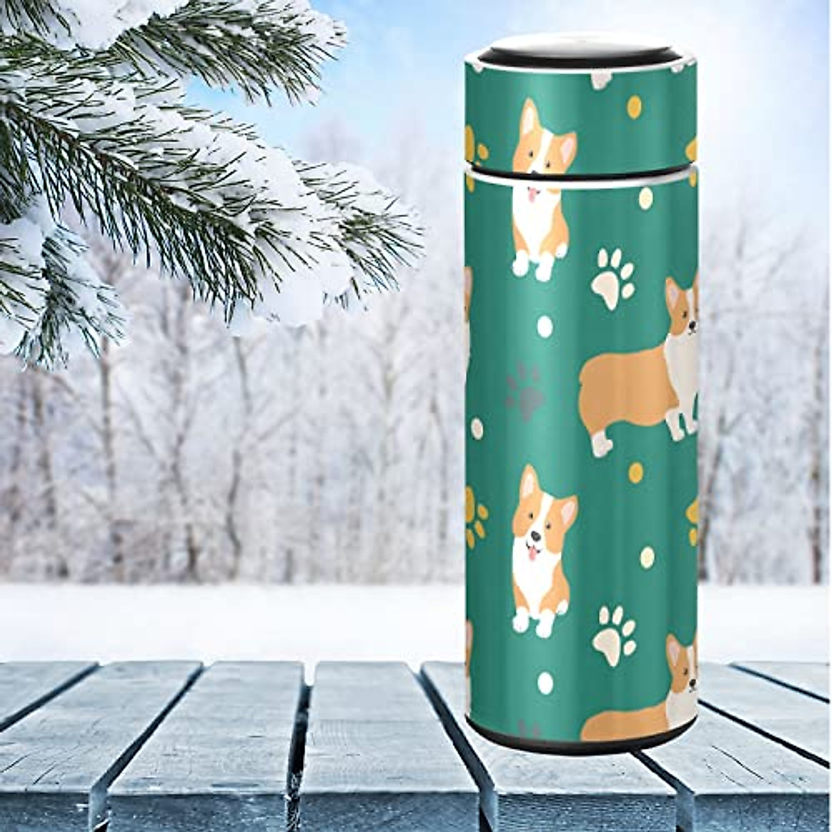 CaTaKu Small Water Bottle 12 oz, Green Corgi Footprint Insulated Water Bottle for Water Coffee Tea Stainless Steel Flask Thermos Bottle Reusable Wide Mouth Vacuum Travel Mug