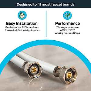 Eastman 30 Inch x 1/2 Inch FIP Flexible Faucet Connector, PVC Supply Hose Line with Nickel-Plated Brass Nuts, White, 48910