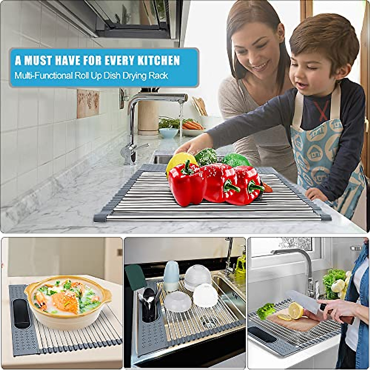 Roll Up Dish Drying Rack, Over the Sink Dish Drying Rack for Kitchen Counter Sink, Stainless Steel Sink Drying Rack with Utensil Holder, Multipurpose Foldable Kitchen Sink Rack Mat -Grey(17.3" x15.3")